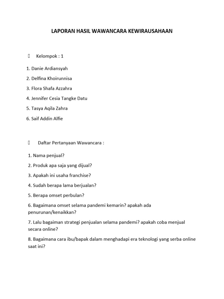Laporan Hasil Wawancara Kewirausahaan | PDF