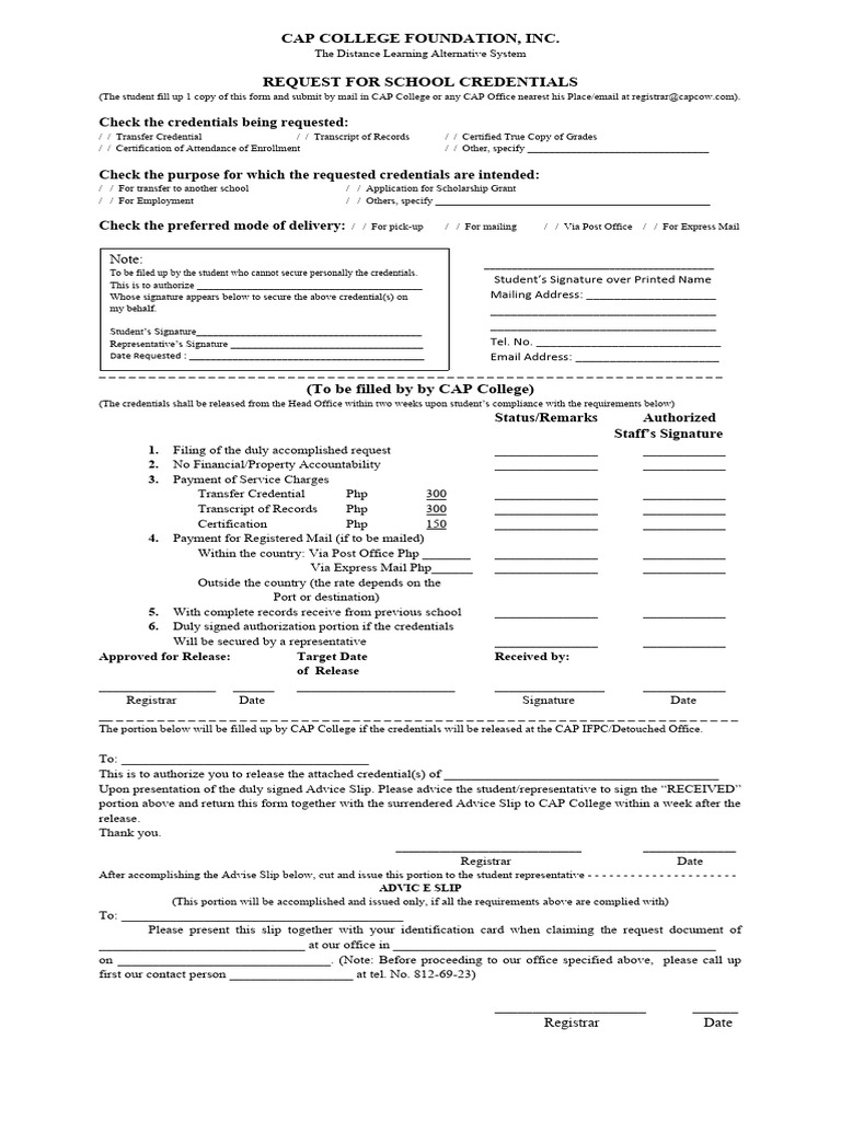 Cap College Foundation, Inc. Request For School Credentials: Check The ...