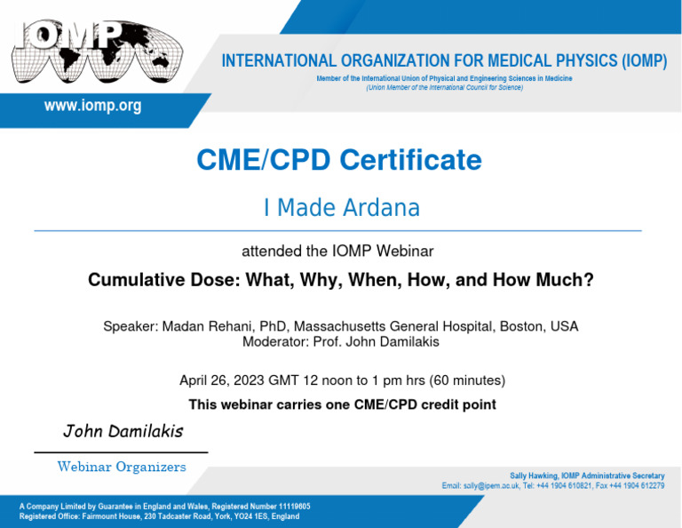 Iomp - Certificate - Cumulative Dose - What, Why, When, How, and How Much? | PDF