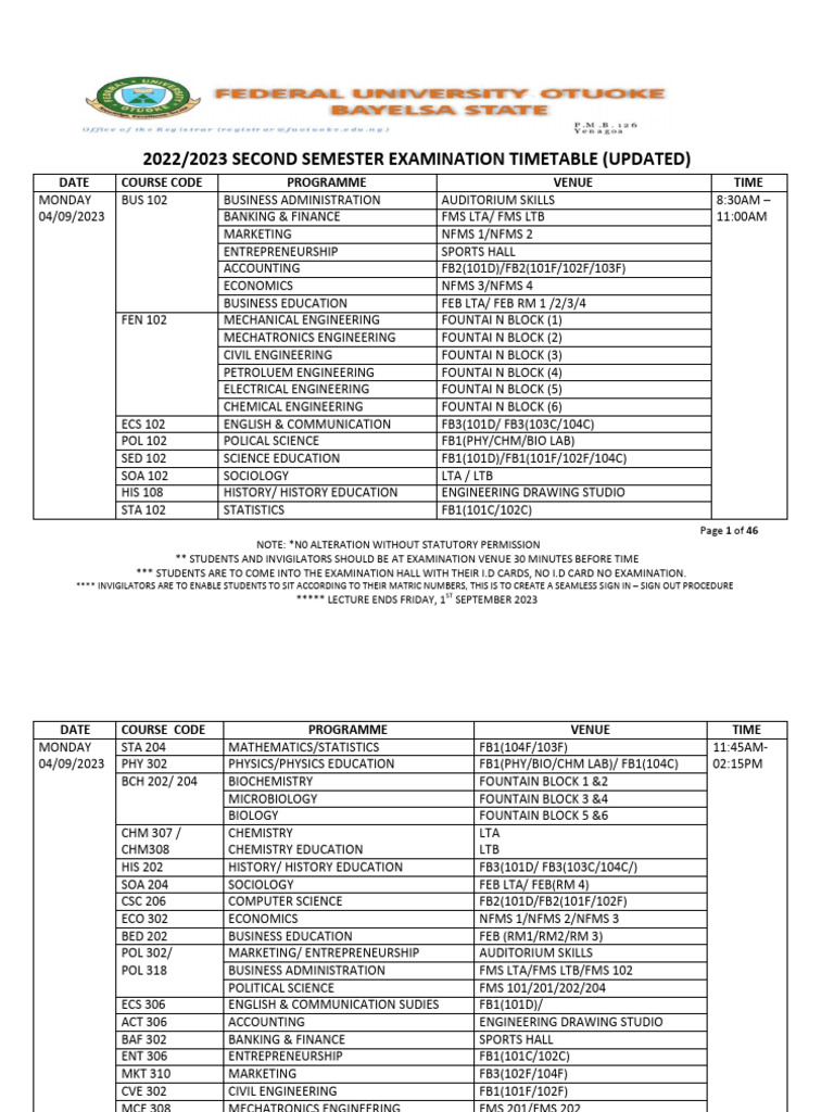 2022 2023 Second Semester Examination Timetable Updated | PDF | Engineering | Science