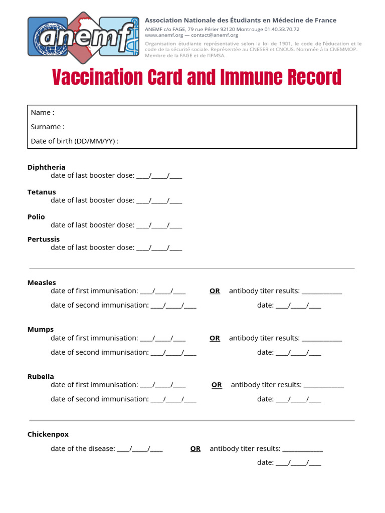 ANEMF France Vaccination Card | PDF | Vaccines | Children's Health