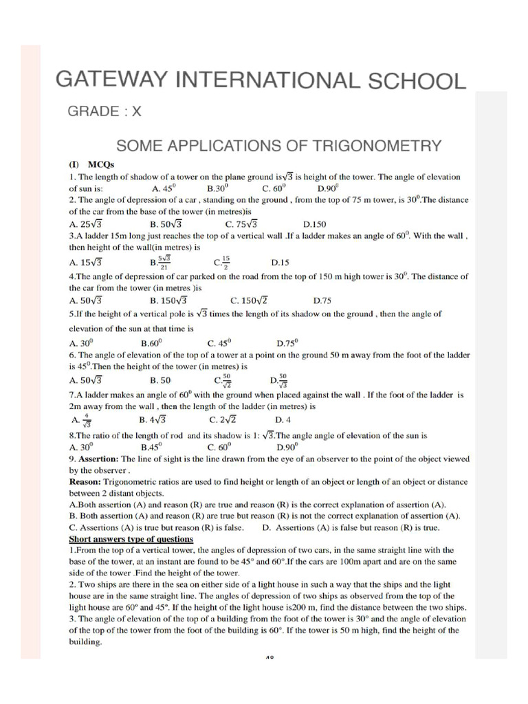 Grade 10 Some Applications Of Trigonometry Pdf