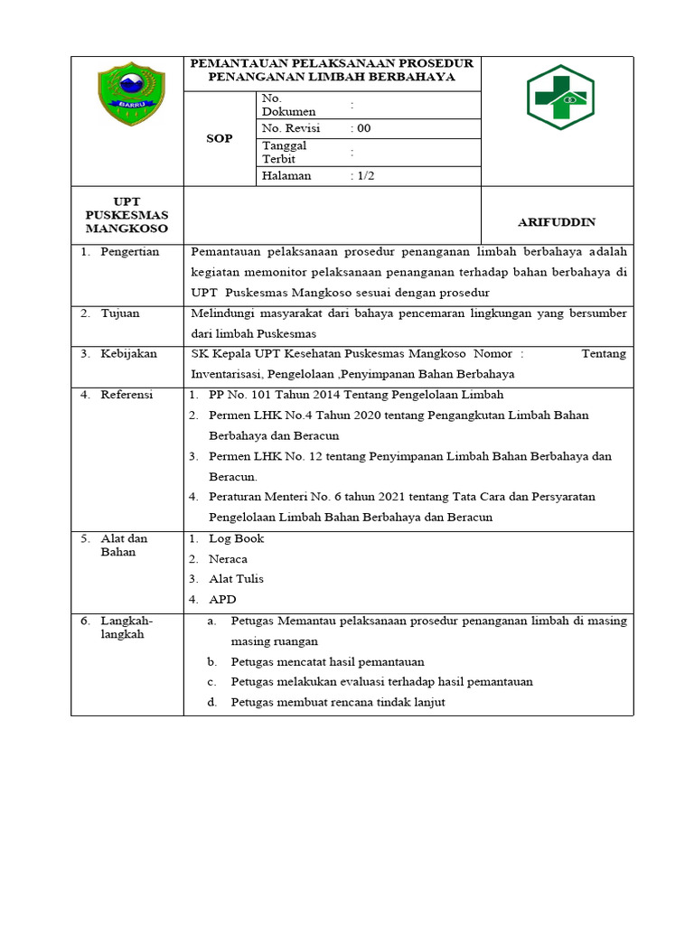 Sop Pemantauan Limbah Medis B3 | PDF