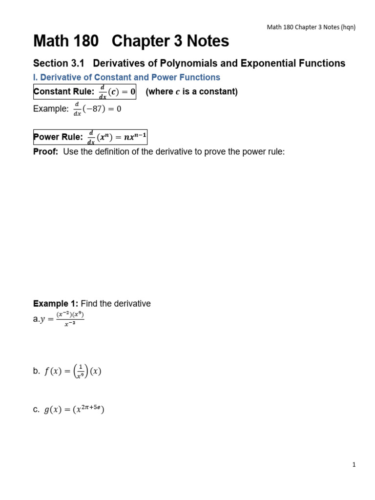 Math 180 Chapter 3 Derivatives Overview | PDF | Derivative | Tangent