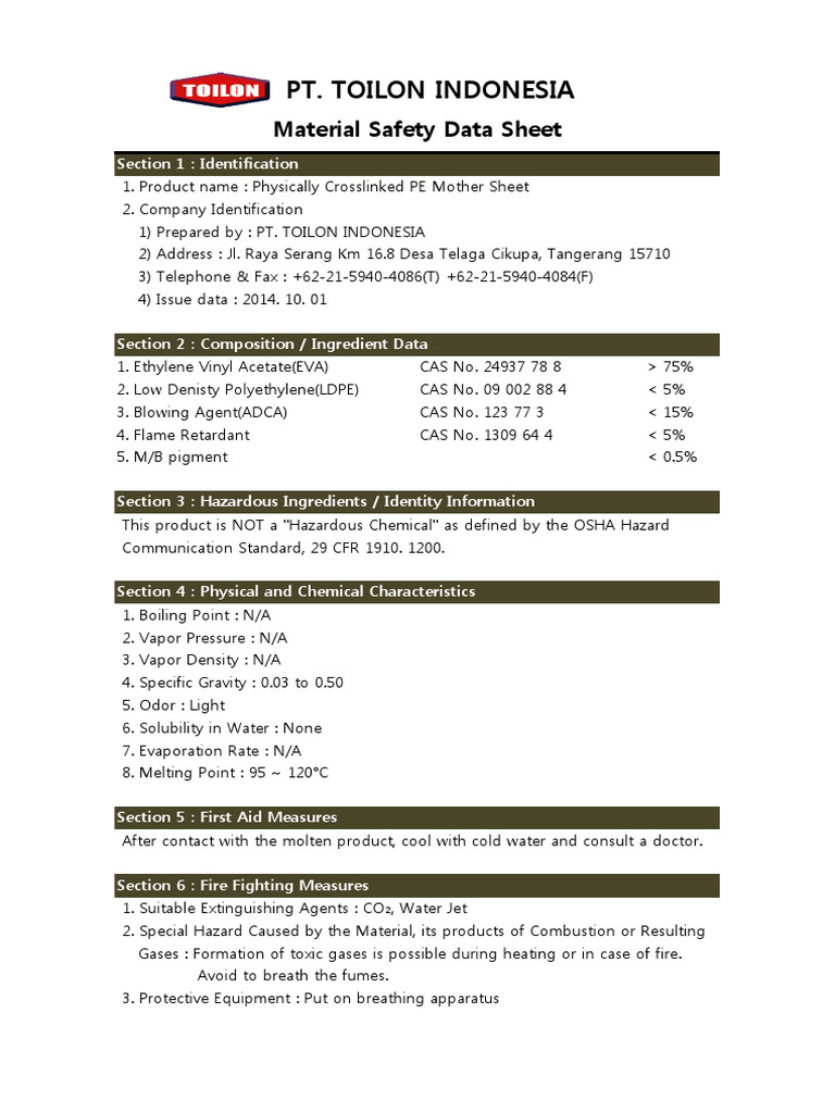 010 MSDS_Toilon(IXPE_Foam) | PDF | Materials | Polymers