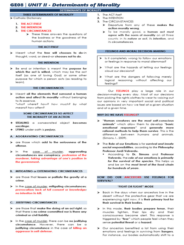 Ethics Reviewer Unit 2 DETERMINANTS OF MORALITY | PDF | Morality | Feeling