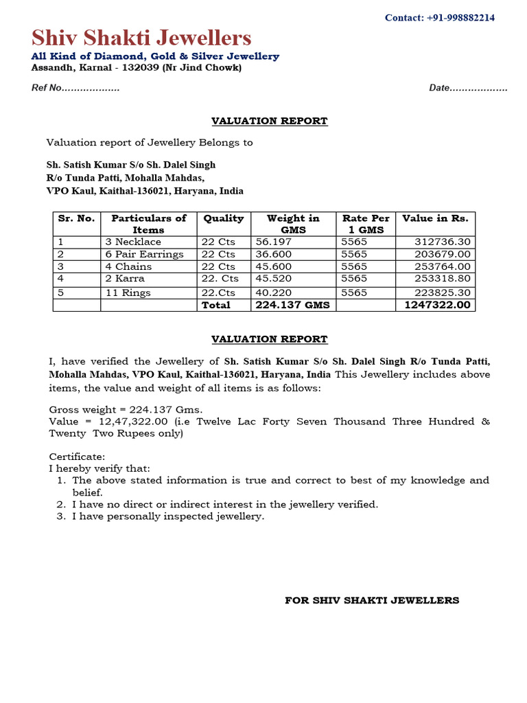 Jewellery Valuation Report for Sh. Satish Kumar | PDF