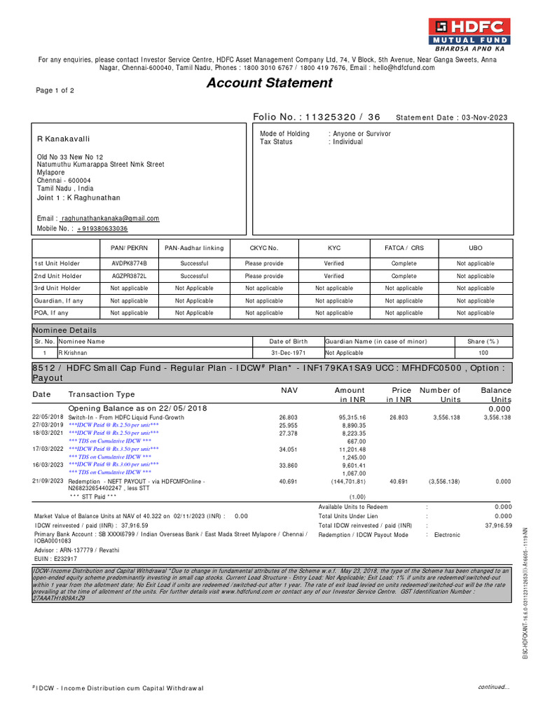 Account Statement: Folio No.: 11325320 / 36 | PDF | Personal Finance ...