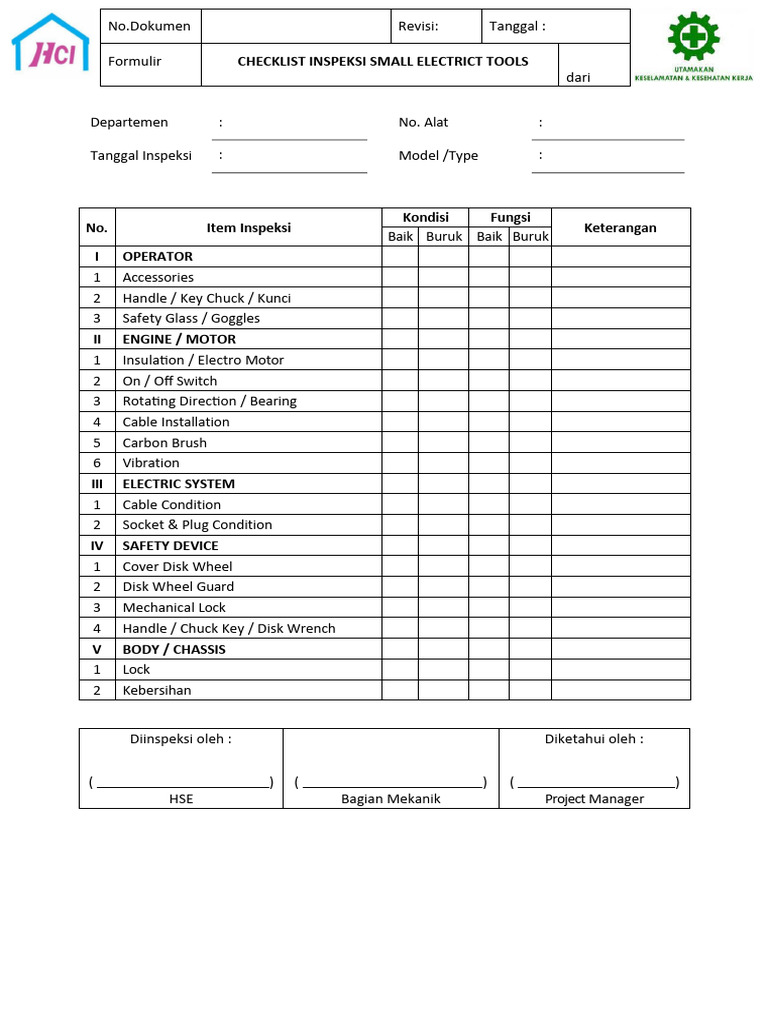 Form Check List Inspeksi Small Portable Electric Tools Hci | PDF