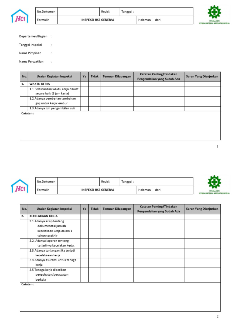 Form Check List Inspeksi Hse Hci | PDF