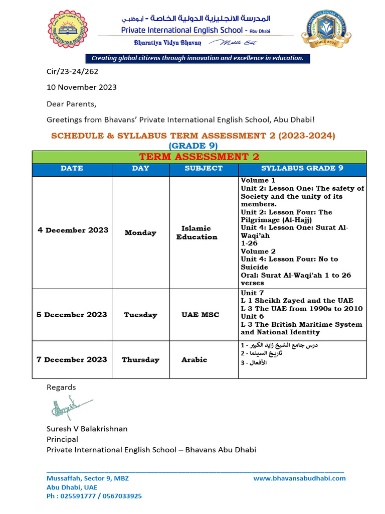 Schedule and Syllabus Term Assessment 2 - Grade 9 | PDF | United Arab ...