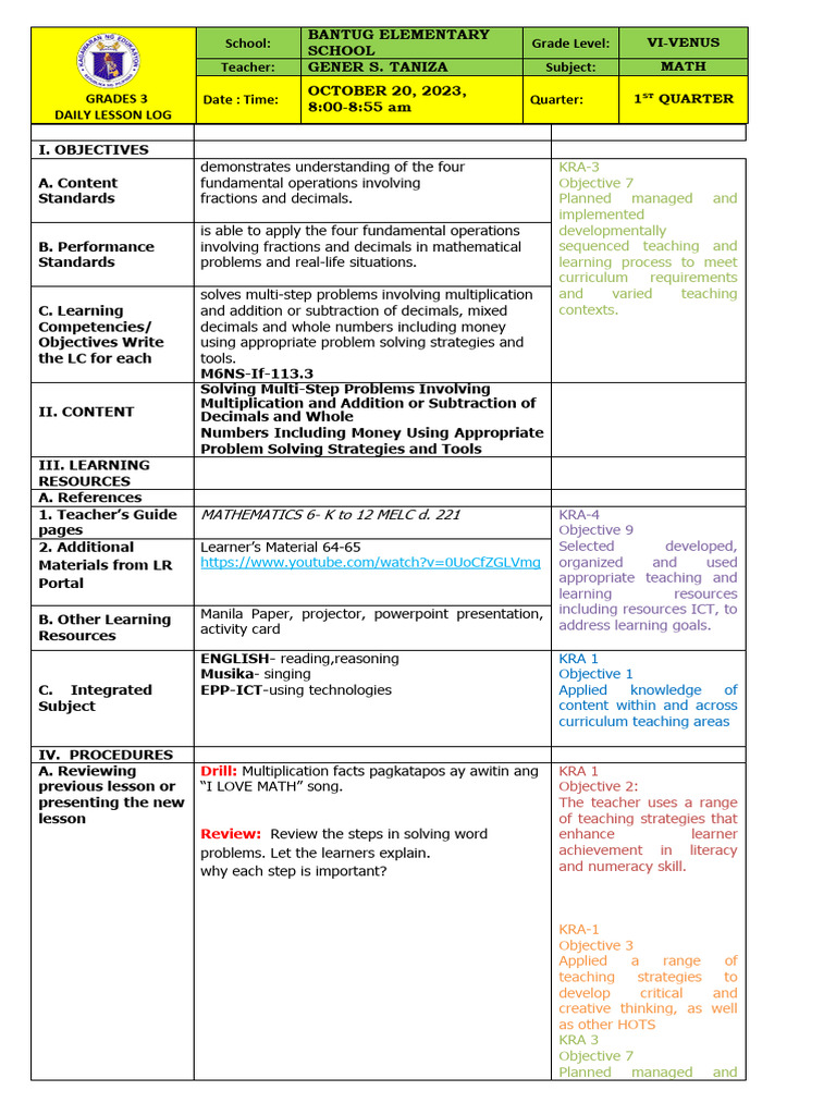 GST-COT-DLP-MATH 1st - QUARTER-SY-2023-2024 | PDF | Learning | Curriculum