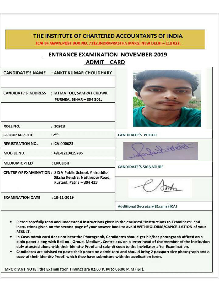 Icai Admitcard 10923 | PDF