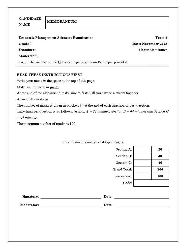Grade 7 EMS Term 4 Exam Memorandum | PDF | Expense | Economies