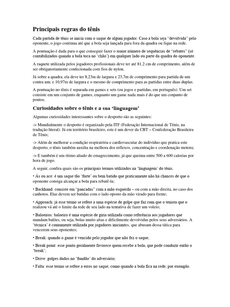 Principais Regras Do Tênis | PDF | Jogos com bola | Esportes Principais Regras Do Tênis | PDF | Jogos com bola | Esportes
