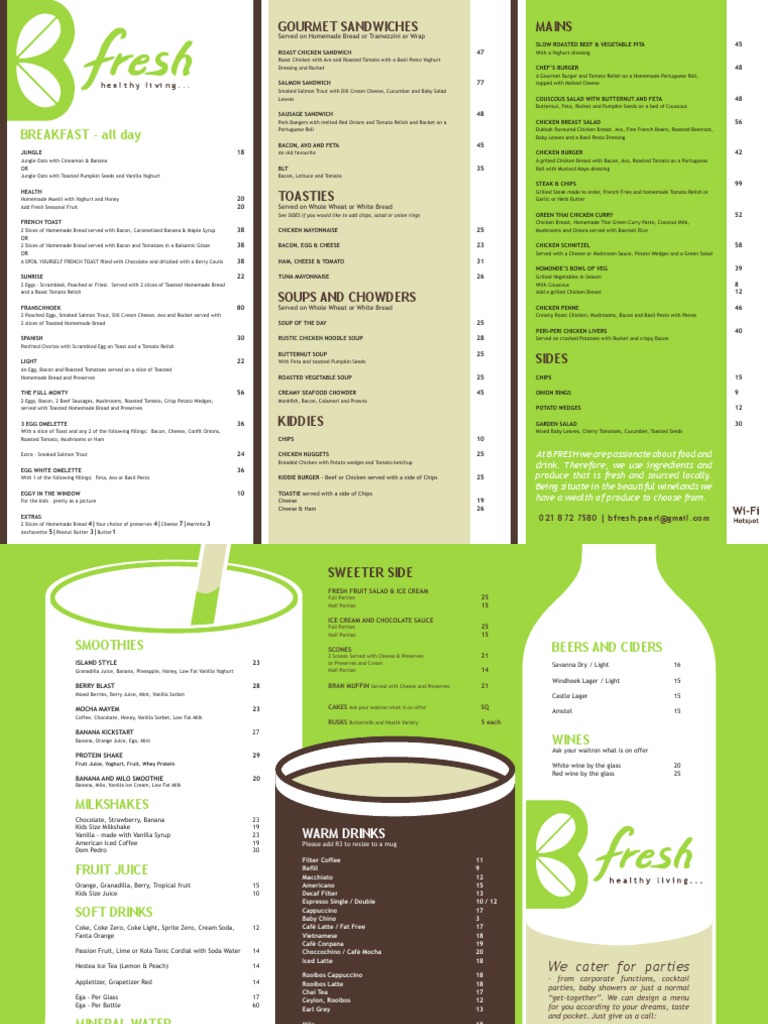 Bfresh Sit Down Menu and Take Away Menu | PDF | Salad | Hamburgers