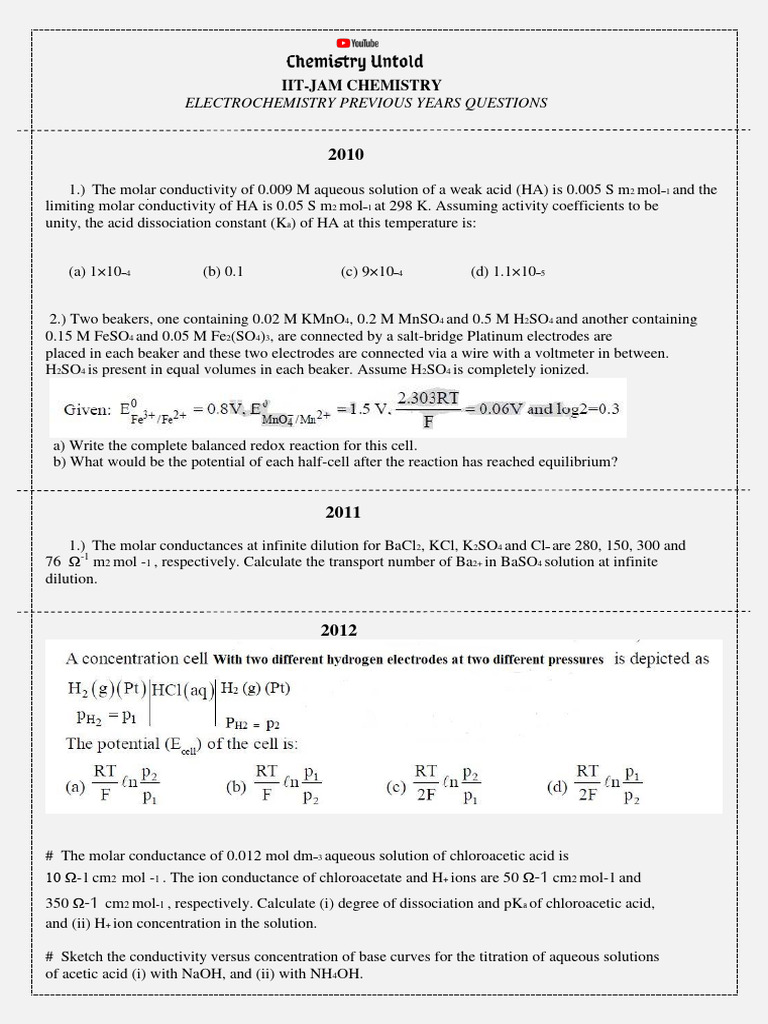 JEE Electrochemistry Past Questions | PDF | Acid | Analytical Chemistry