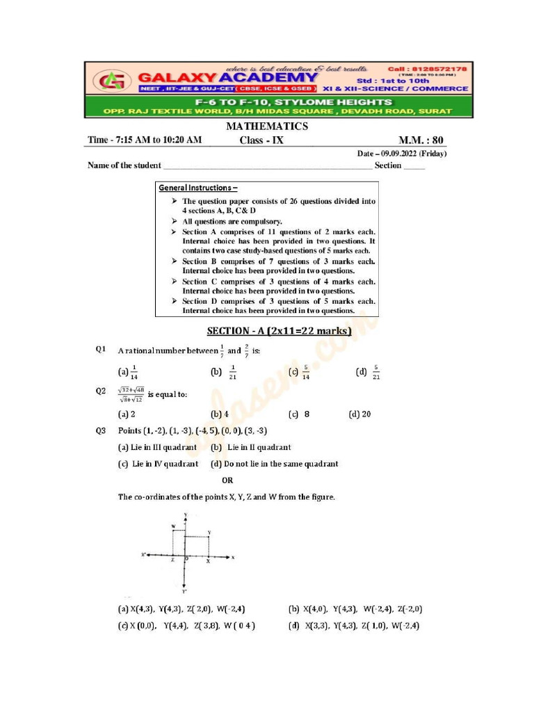 Class 9 Maths Question Paper | PDF