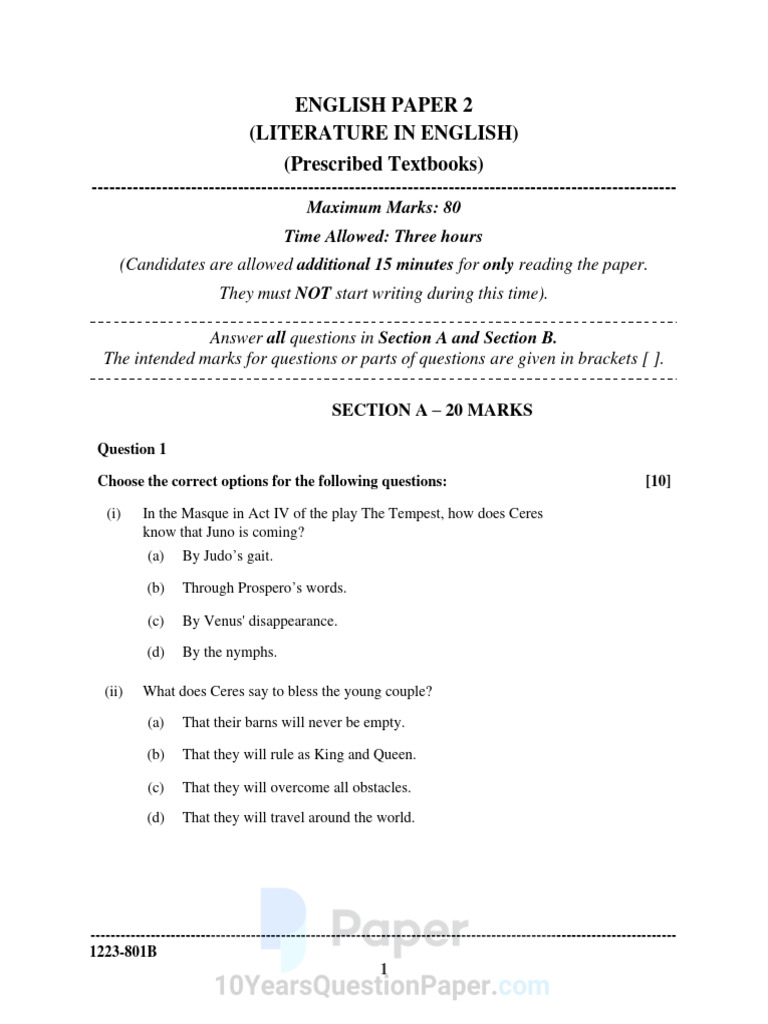 Isc Class 12 English Literature Question Paper 2023 | PDF | The Tempest