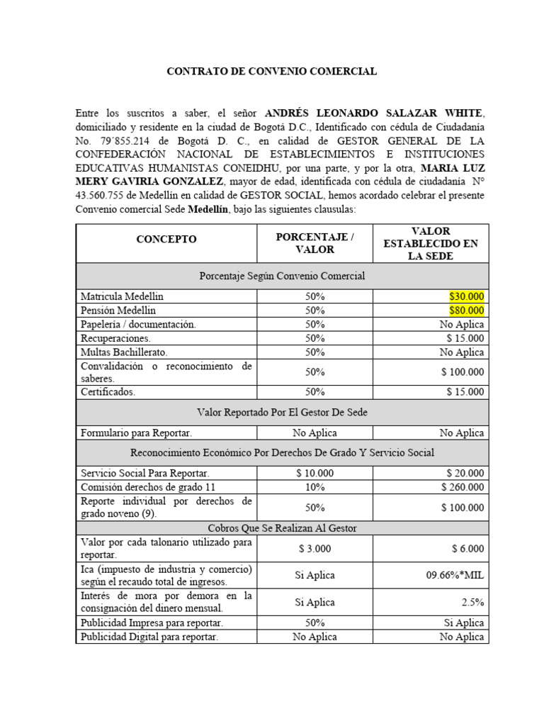 Convenio Comercial Maria Luz Mery Gaviria Medellin | PDF