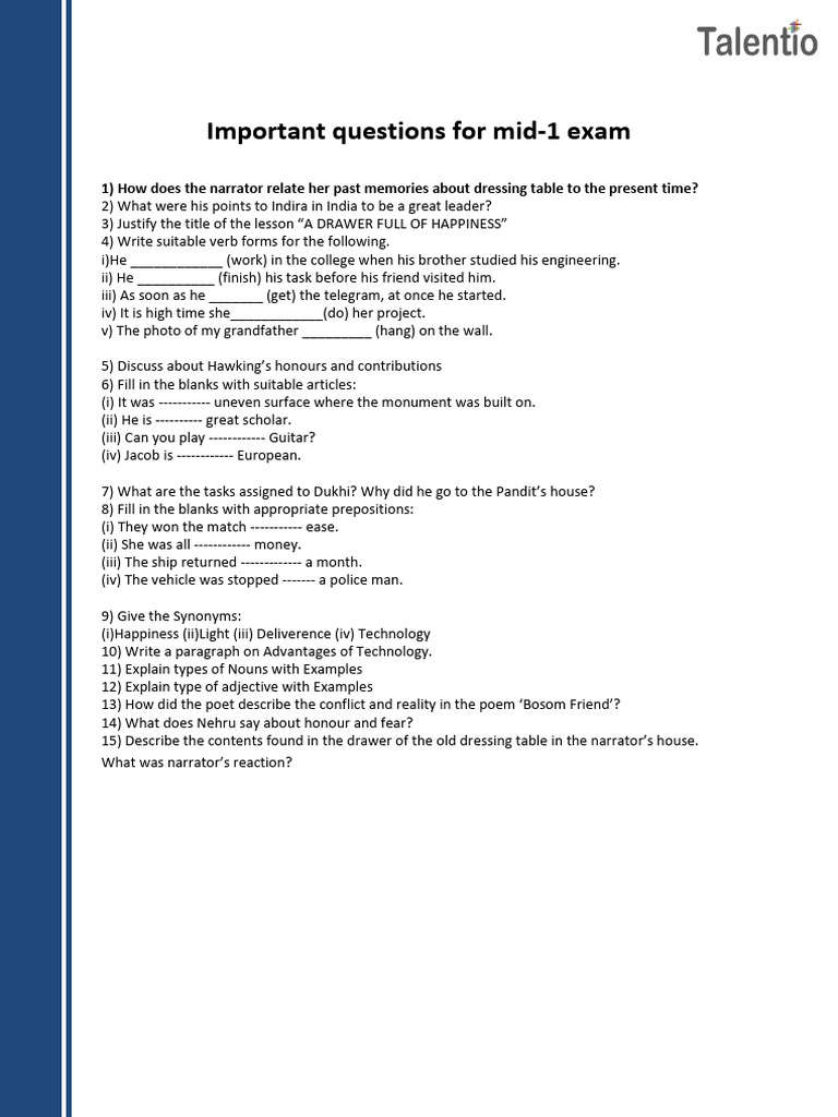 Mid-1 Exam: Key Questions & Topics | PDF