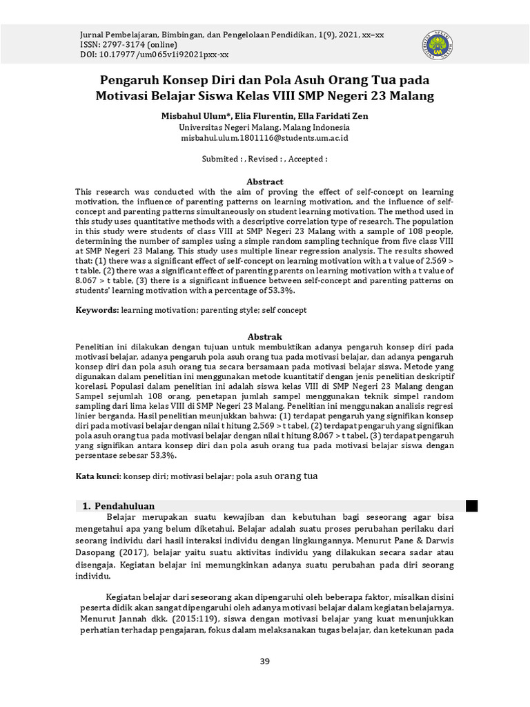 ARTIKEL - Pengaruh Konsep Diri Dan Pola Asuh Orang Tua Pada Motivasi Belajar Siswa Kelas VIII ...