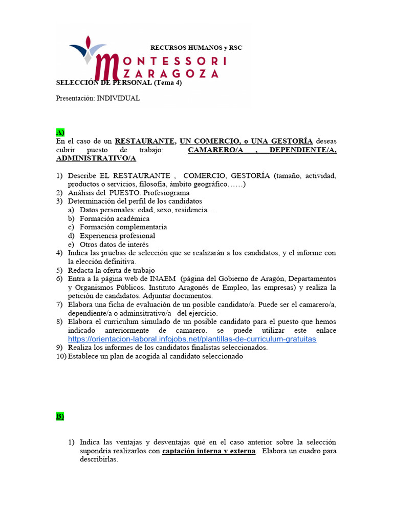 Tema 4.taller - Selección de Personal. RRHH y Rsc.2023.24 | PDF | Gestión de recursos humanos