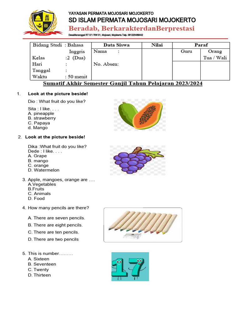 Soal Bahasa Inggris Kelas 2 Semester 1 | PDF | Edible Fruits | Agriculture