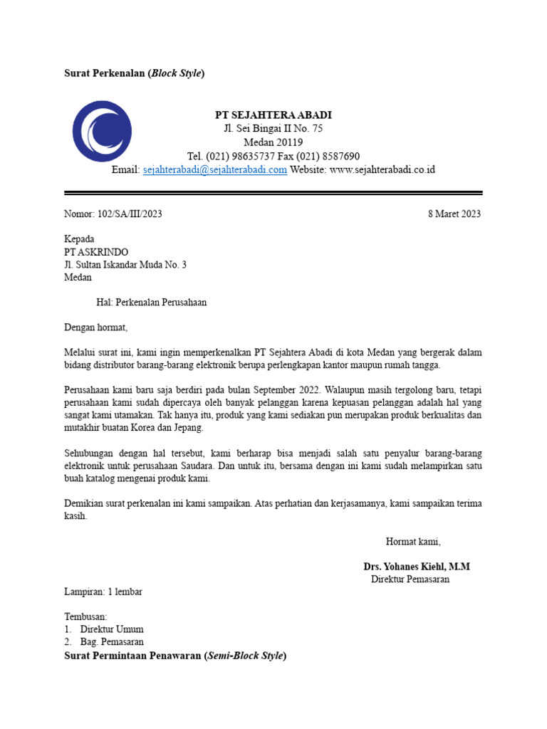 Surat Perkenalan Dan Permintaan Penawaran | PDF