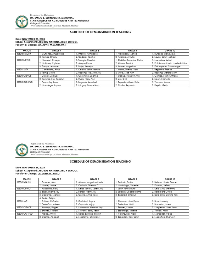 Demo Teaching Schedule Final | PDF