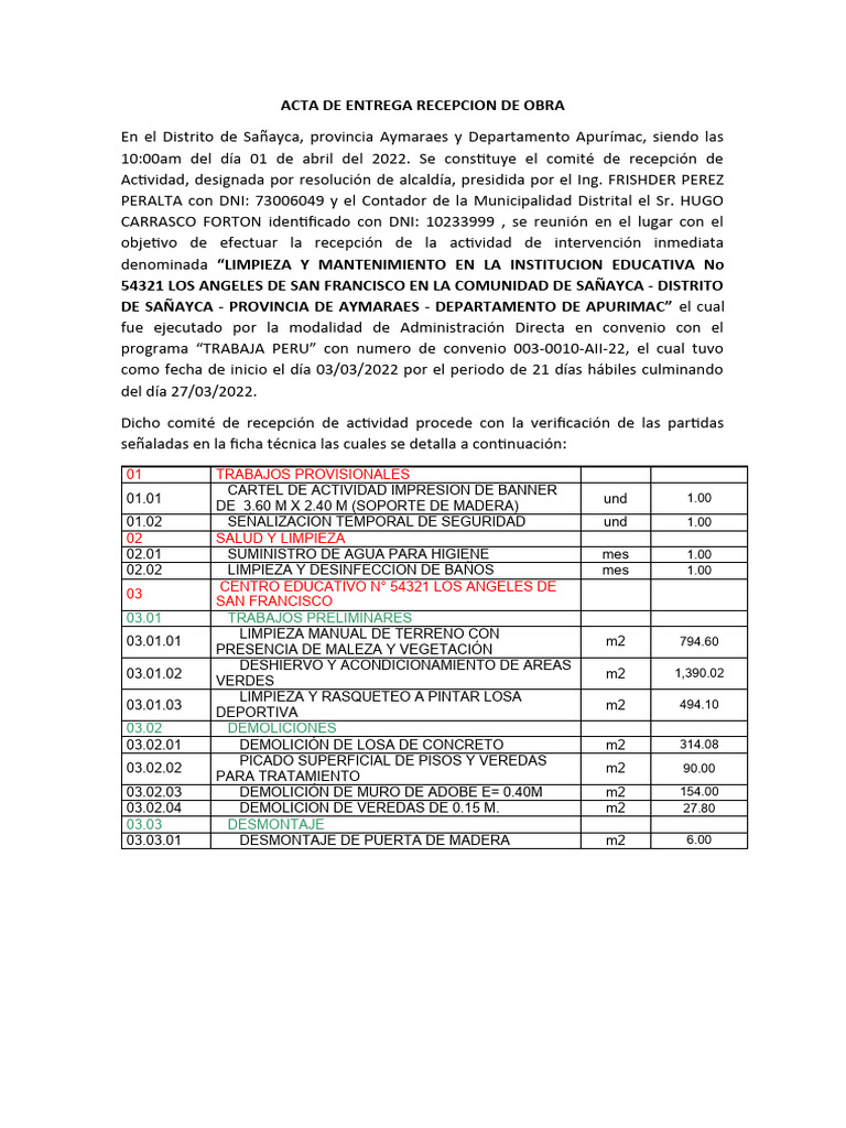 Acta de Entrega Recepcion de Obra | PDF