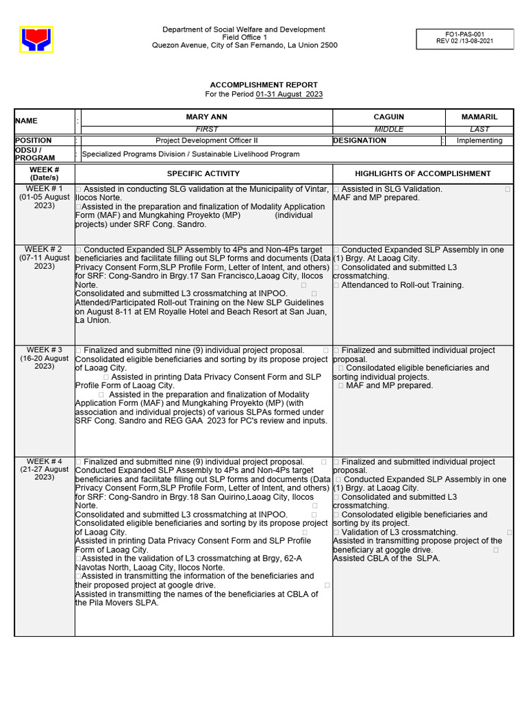 ACCOMPLISHMENT REPORT (To Be Attached To DTR) August | PDF