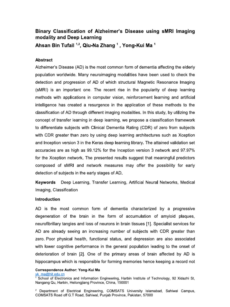 Binary Classification of Alzheimer's Disease Using sMRI Imaging | PDF