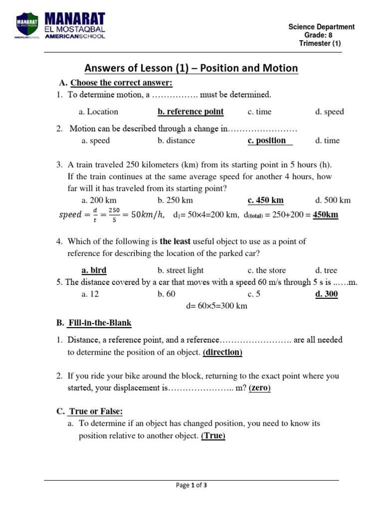 Grade 8 Position and Motion Answers | PDF | Speed | Velocity