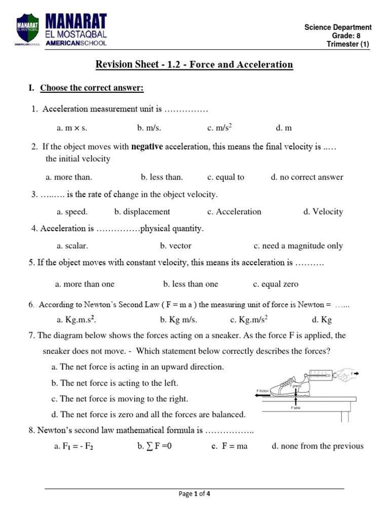 G8 - Homework Sheet - 1.2 - Force and Acceleration | PDF | Force | Acceleration