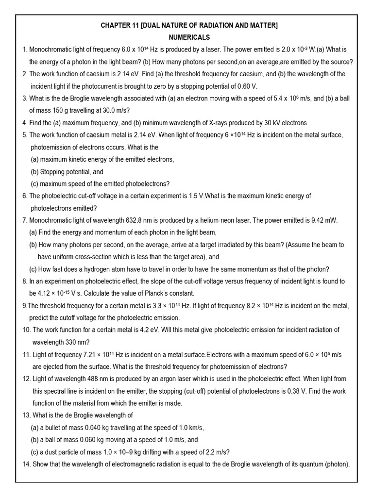Dual Nature of Radiation and Matter Numericals | PDF | Photoelectric ...