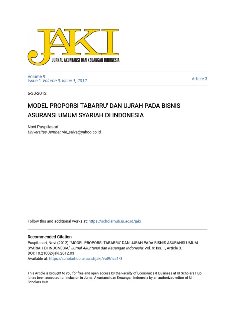 Model Proporsi Tabarru Dan Ujrah Pada Bisnis Asuransi Umum Syari | PDF ...