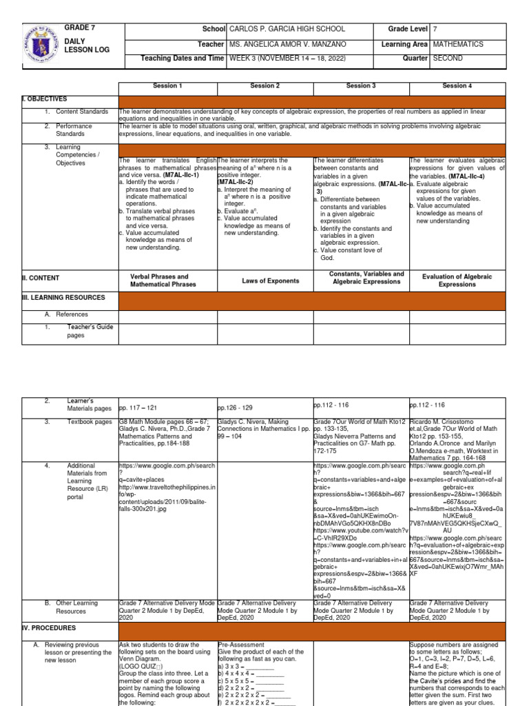 Lesson Plan | PDF | Variable (Mathematics) | Multiplication