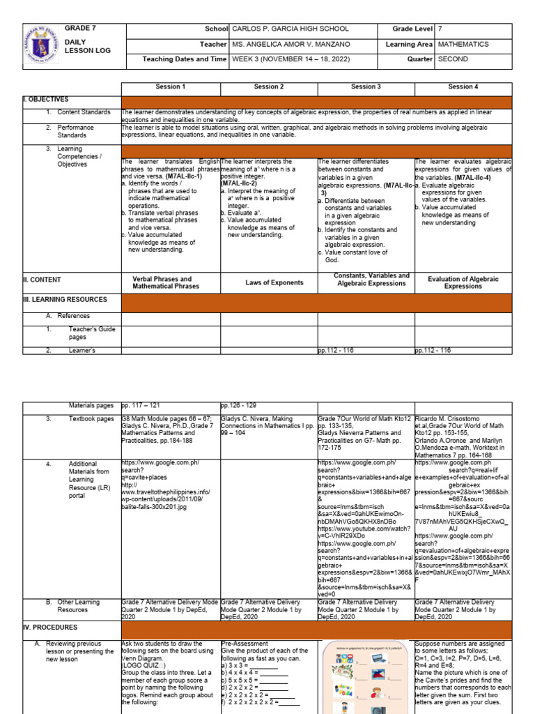 Week 3 Lesson Plan | PDF | Variable (Mathematics) | Multiplication