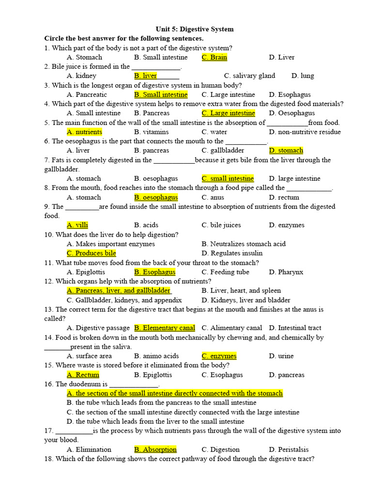 Unit 5: Digestive System Circle The Best Answer For The Following ...
