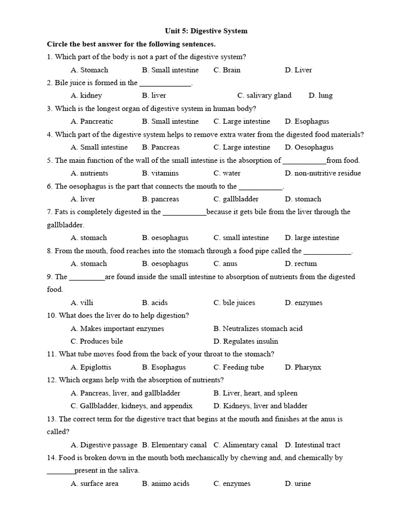 Unit 5: Digestive System Circle The Best Answer For The Following ...