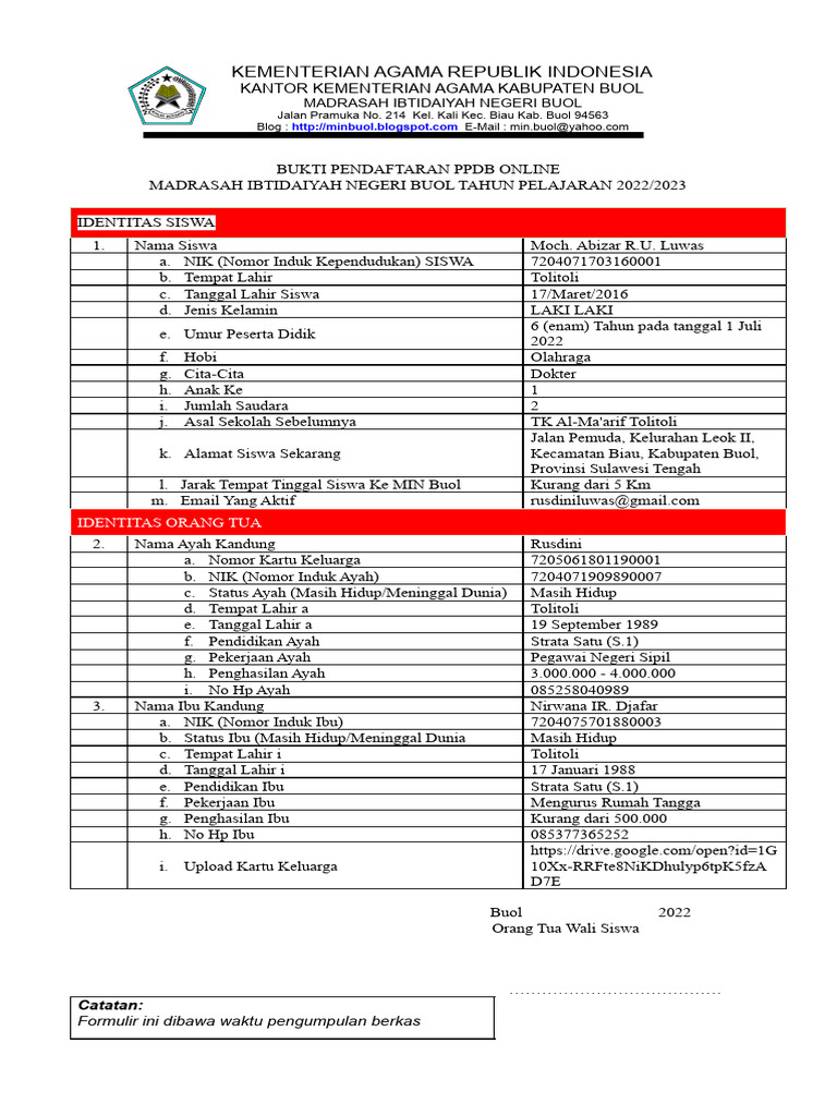 PPDB Online MIN Buol 2022/2023 | PDF