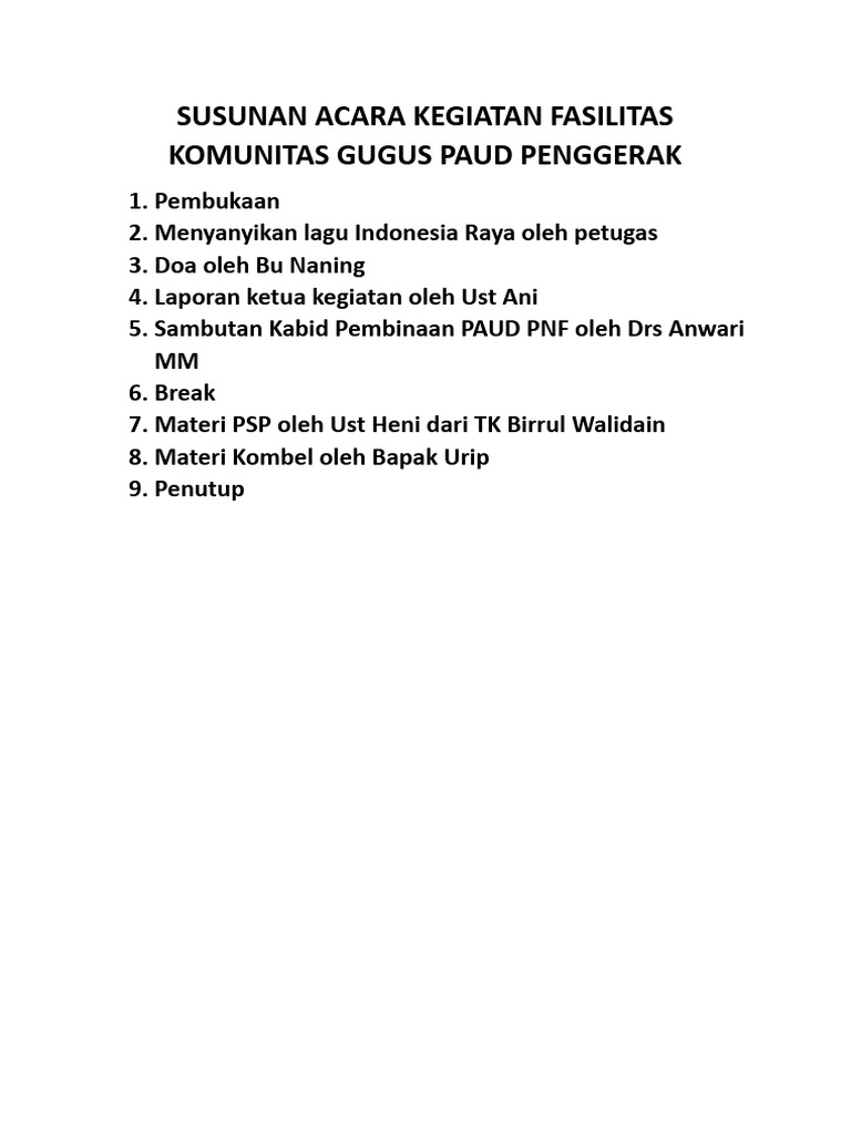 Susunan Acara Kegiatan Fasilitas Komunitas Gugus Paud Penggerak | PDF