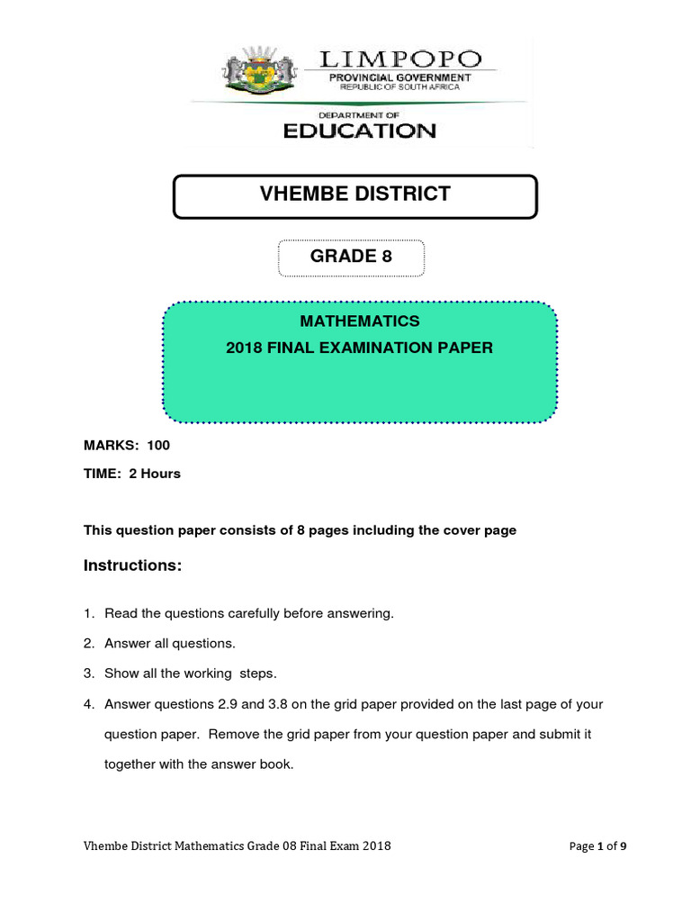 Arch2018 Maths GR 8 Final Exam | PDF | Area | Shape