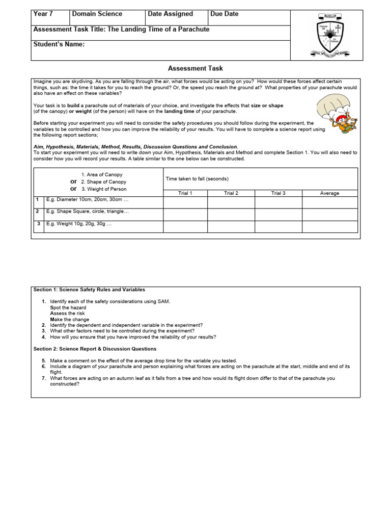 Parachute Landing Time Experiment Guide | PDF | Validity (Statistics ...