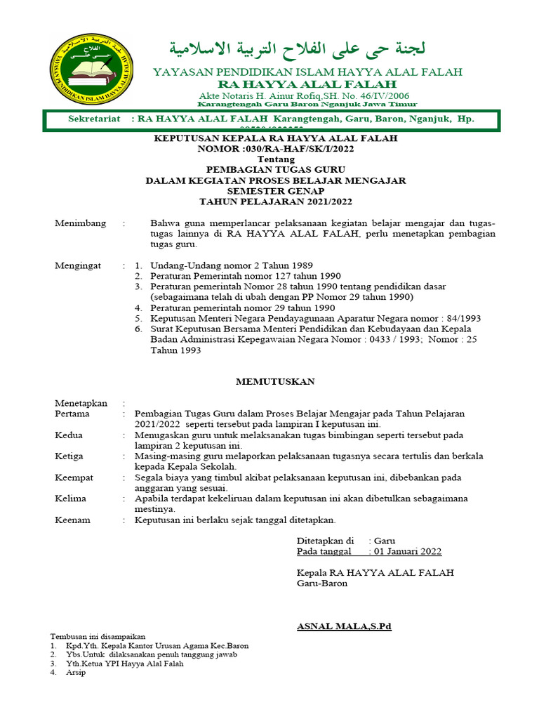 SK Pembagian Tugas Genap 2021-2022 | PDF