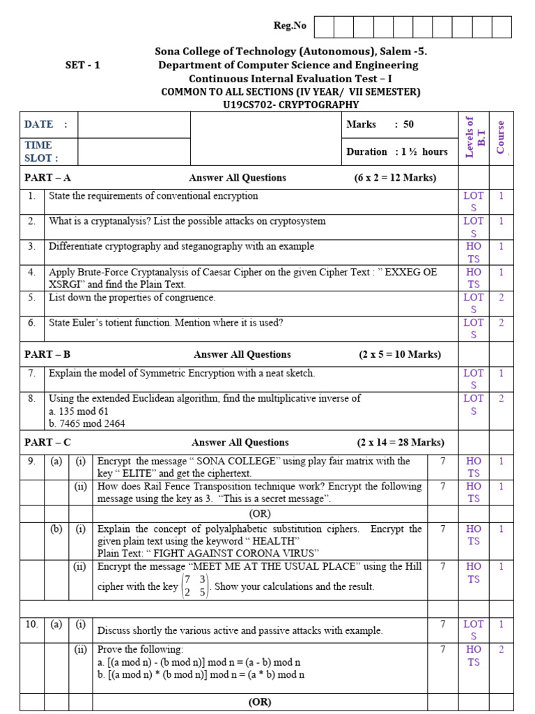 Cie1 Set1 | PDF | Cryptography | Cryptanalysis