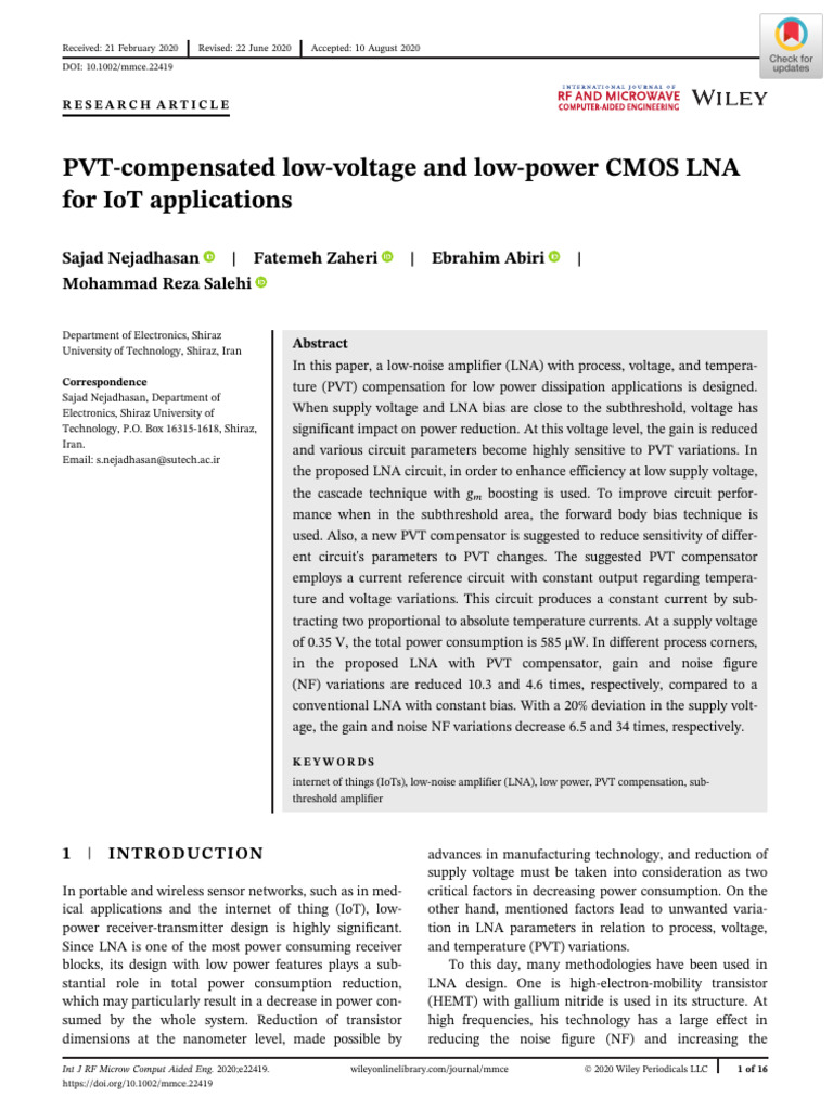 PVT-compensated Low-Voltage and Low-Power CMOS LNA For IoT Applications | PDF | Mosfet | Field ...