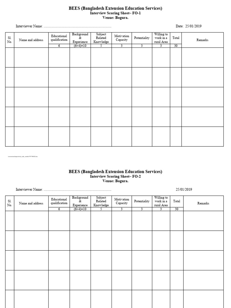 Interview (Viva) Scoring Sheet New | PDF