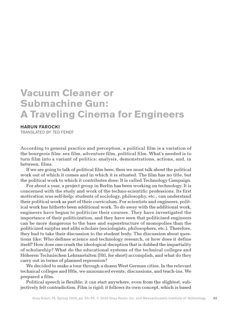 Farocki Harun 1968 2020 Vacuum Cleaner or Submachine Gun A Traveling Cinema For Engineers | PDF